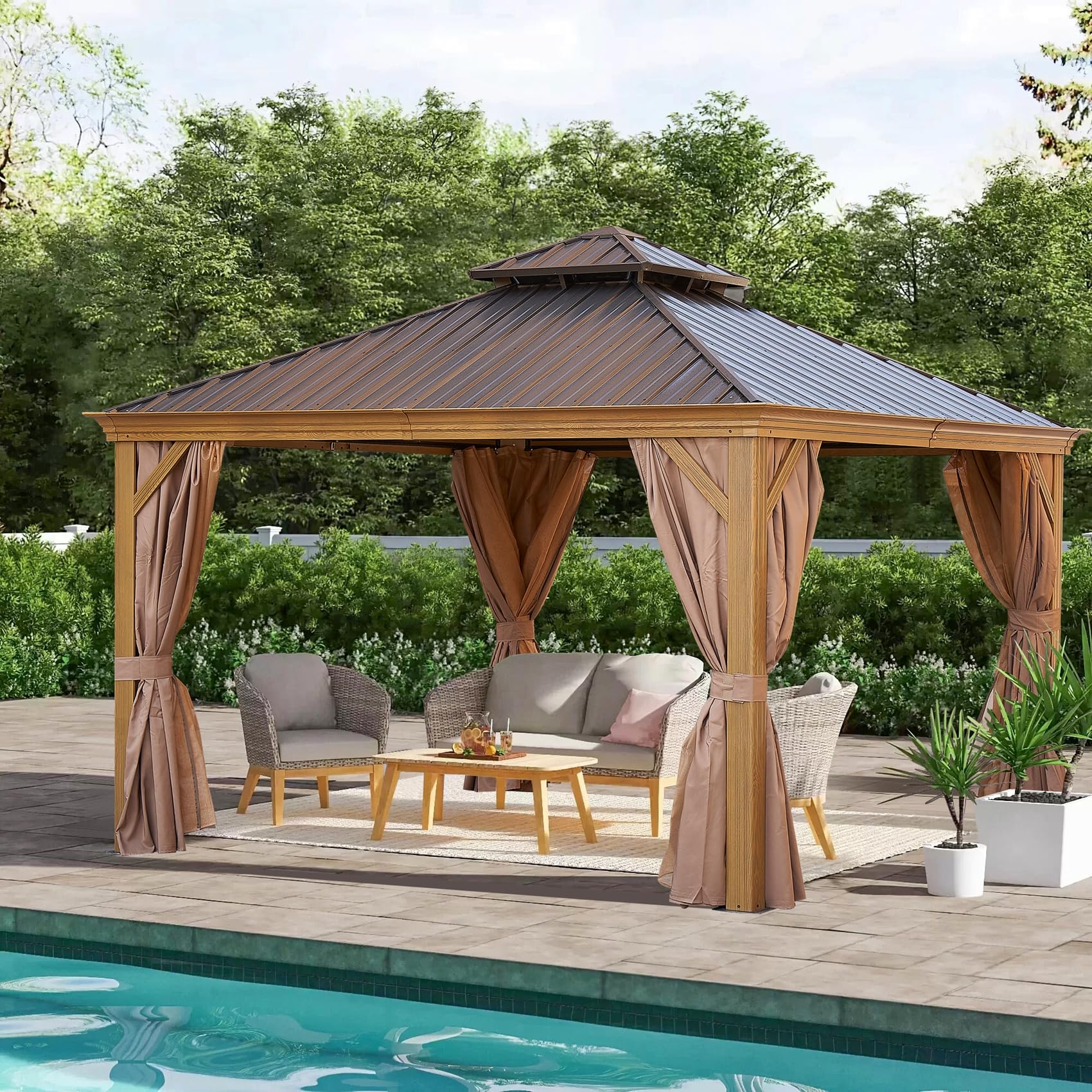 12'x12' Hardtop Gazebo with Nettings and Curtains, Outdoor Aluminum Hard Top Gazebo with Galvanized Steel Double Roof, Permanent Pavilion Metal Gazebo with Top Hook for Deck, Patio, Backyard