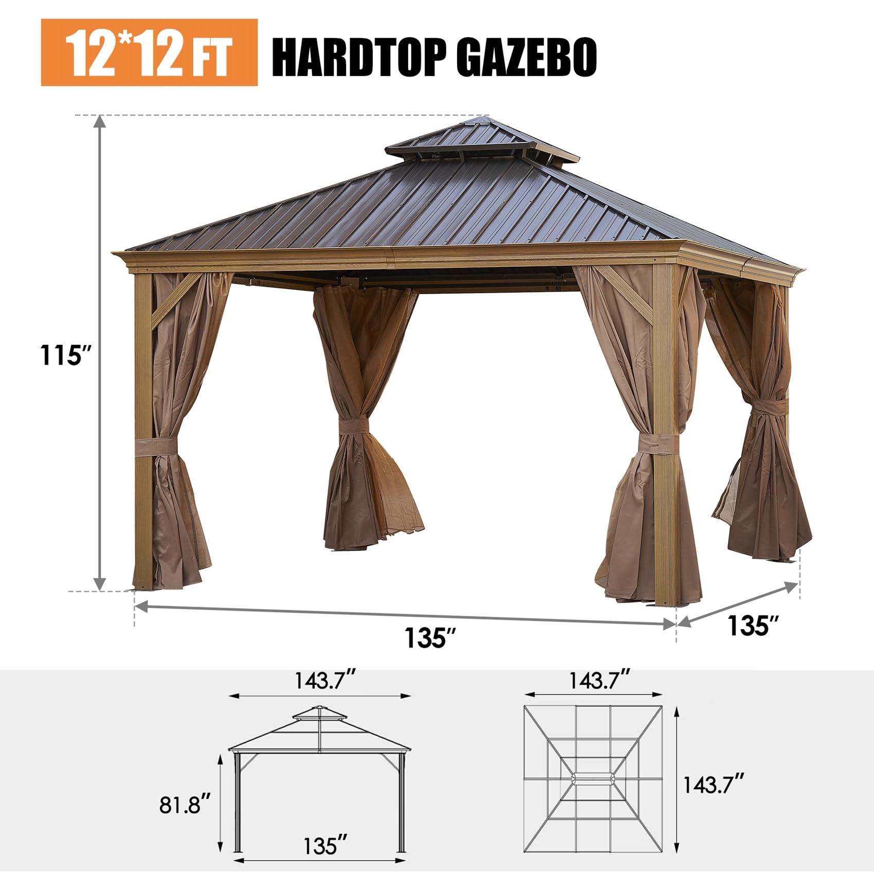 12'x12' Hardtop Gazebo with Nettings and Curtains, Outdoor Aluminum Hard Top Gazebo with Galvanized Steel Double Roof, Permanent Pavilion Metal Gazebo with Top Hook for Deck, Patio, Backyard