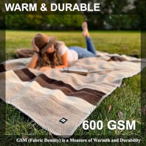 EKTOS 100% Woolen Blankets, 90" x 66", Pure Wool Blankets, Warm Camping Blanket (Desert Khaki Striped, Twin Size)