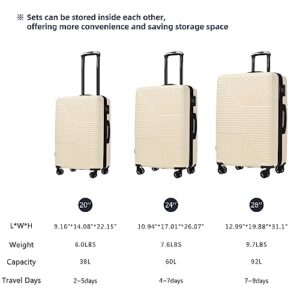 Merax Luggage Sets 3 Piece Suitcases Set ABS Expandable 8 Wheels Spinner Suitcase, TSA Lock Travel Luggage For Man And Women (Cream)