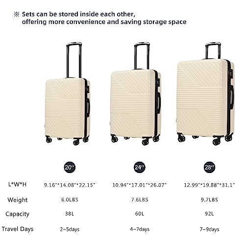 Merax Luggage Sets 3 Piece Suitcases Set ABS Expandable 8 Wheels Spinner Suitcase, TSA Lock Travel Luggage For Man And Women (Cream)