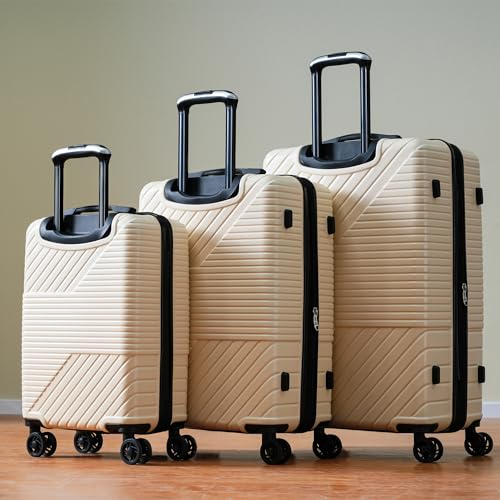 Merax Luggage Sets 3 Piece Suitcases Set ABS Expandable 8 Wheels Spinner Suitcase, TSA Lock Travel Luggage For Man And Women (Cream)