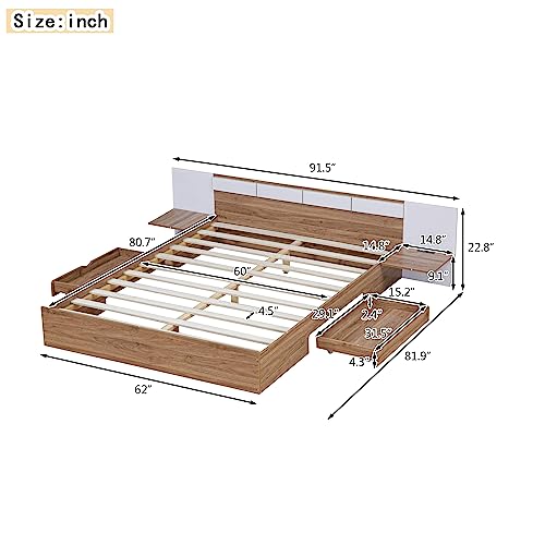 VilroCaz Modern Queen Size Platform Bed with Shelves, USB Ports and Sockets, Solid Wood Platform Bed Frame with Headboard and Drawers for Kids Teens Adults, No Box Spring Needed