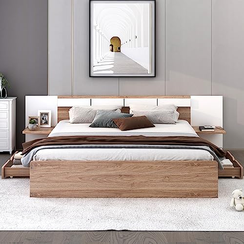 VilroCaz Modern Queen Size Platform Bed with Shelves, USB Ports and Sockets, Solid Wood Platform Bed Frame with Headboard and Drawers for Kids Teens Adults, No Box Spring Needed