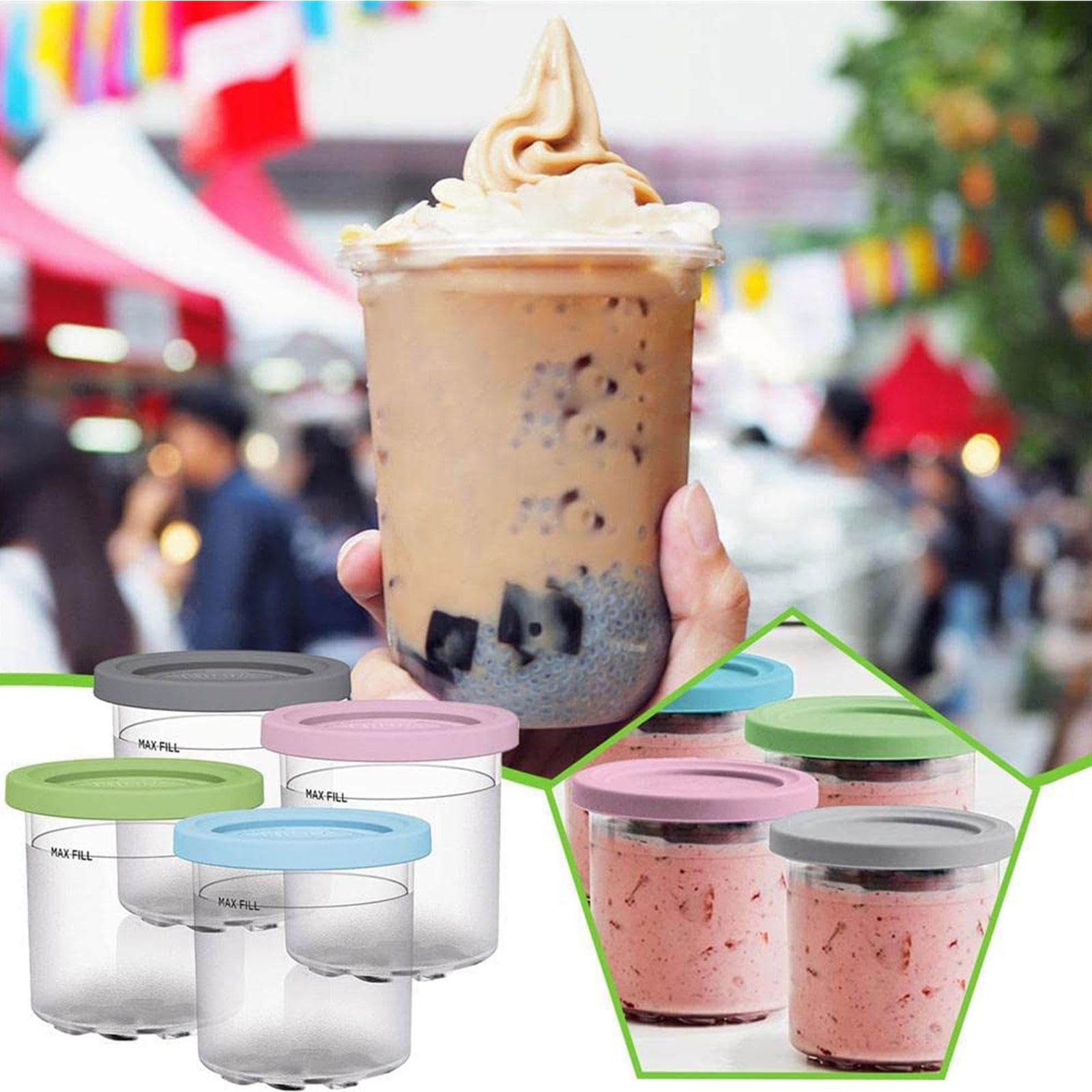 Creami Pints and Lids, for Ninja Creami Accessories,16 OZ Pint Ice Cream Containers Airtight and Leaf-Proof Compatible NC301 NC300 NC299AMZ Series Ice Cream Maker