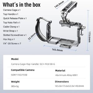 SIRUI Camera Cage Kit for Sony FX 3 FX30 with Top Handle Wrist Strap HDMI Cable Clamp NATO Rail, QR Plate for Arca-Swiss, Modular Design Compatible with Sony XLR Handle and DJI RS2 RS3 Gimbal, Grey