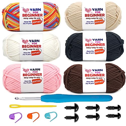 6 Pack Beginners Crochet Yarn Rainbow Pink White Beige Coffee Black Cotton Crochet Yarn for Crocheting Knitting Beginners with Easy-to-See Stitches Crochet Yarn for Beginners Crochet Kit(6x50g)