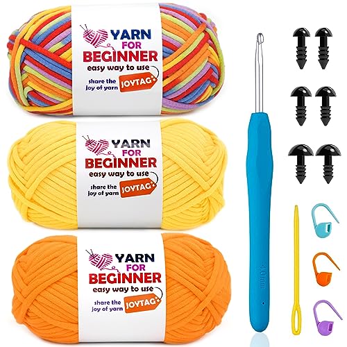 3 Pack Beginners Crochet Yarn Rainbow Yellow Orange Cotton Crochet Yarn for Crocheting Knitting Beginners with Easy-to-See Stitches Cotton-Nylon Blend Crochet Yarn for Beginners Crochet Kit(3x50g)