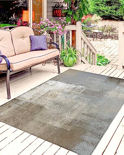 Brown Grey Oil Painting Outdoor Rug for Patio/Deck/Porch, Non-Slip Area Rug 5x8 Ft, Modern Geometric Abstract Aesthetics Indoor Outdoor Rugs Washable Area Rugs, Reversible Camping Rug Carpet Runner