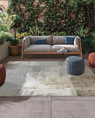 Brown Grey Oil Painting Outdoor Rug for Patio/Deck/Porch, Non-Slip Area Rug 5x8 Ft, Modern Geometric Abstract Aesthetics Indoor Outdoor Rugs Washable Area Rugs, Reversible Camping Rug Carpet Runner