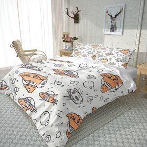 RPXPV 3 Piece Bed Set Mini Line Cartoon Spaceship Men and Women Comforters, Soft and Comfortable Skin-Friendly and Breathable Quilt Cover for Hotel86x94in（220cmx240cm）