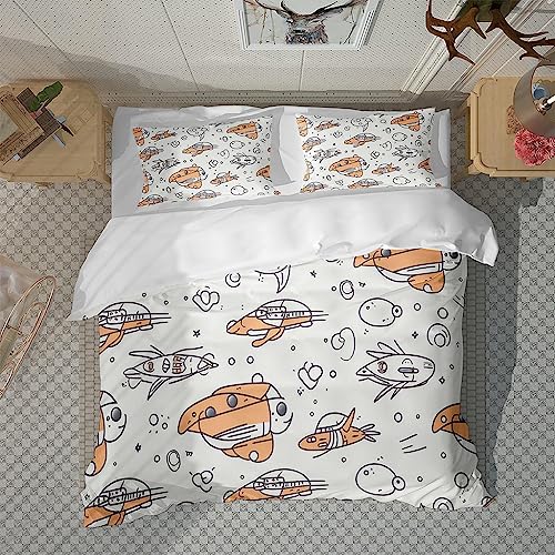 RPXPV 3 Piece Bed Set Mini Line Cartoon Spaceship Men and Women Comforters, Soft and Comfortable Skin-Friendly and Breathable Quilt Cover for Hotel86x94in（220cmx240cm）