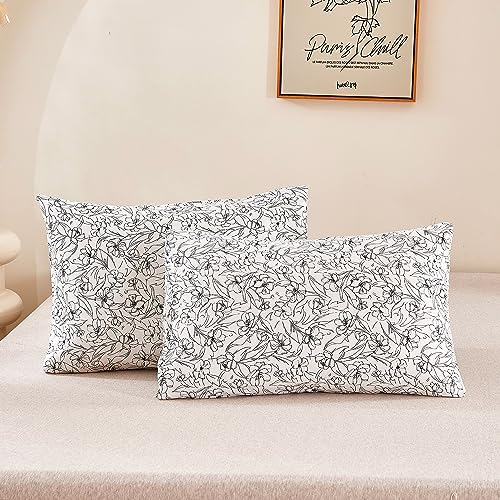 ECOCOTT 2 Pack Pillowcase Standard Size with White & Black Floral Pillow Cases Set, 100% Cotton Standard Pillow Covers Envelope Closure (Standard, 20"x26")