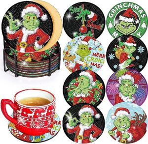 kyoqfvn 8 pcs christmas diamond art coasters kit with holder, diy grinch diamond painting coasters for adults, 5d grinch xmas diamond dot kits coasters craft supplies