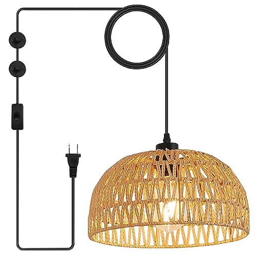 Casamoon Farmhouse Plug in Pendant Light, 12.6'' Woven Wicker Hemp Rope Shade Hanging Light Fixtures, Boho Rattan Ceiling Hanging Lamp for Kitchen, Dining Room, Bedroom, Entryway, Retro, Rustic Décor