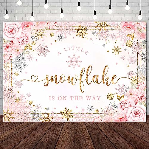 AIBIIN 7x5ft Winter Baby Shower Backdrop for Girls A Little Snowflake is on The Way Baby Shower Photography Background Pink Floral Gold Snowflake Baby Shower Party Decorations Supplies Banner