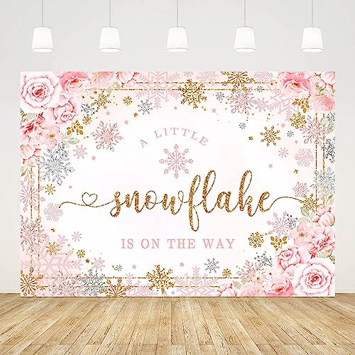 AIBIIN 7x5ft Winter Baby Shower Backdrop for Girls A Little Snowflake is on The Way Baby Shower Photography Background Pink Floral Gold Snowflake Baby Shower Party Decorations Supplies Banner