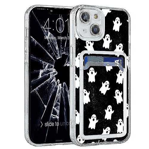 Toncsoza Cute White Ghost Halloween Case for iPhone 13 Mini with Card Holder,Halloween Theme Shock-Absorbing Wallet Case for iPhone 13 Mini, Trendy Design TPU Bumper Case