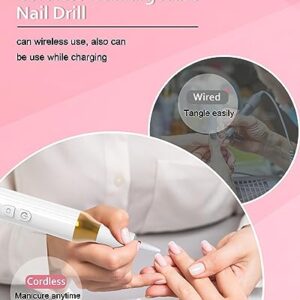 Nail Drill, Cordless Electric Nail Files for Gel Nails Efile Manicure Kit for Women Rechargeable Wireless Drill para Uñas Profesional Nail Drill Machine Nail Grinder for Acrylic Gel Nails White