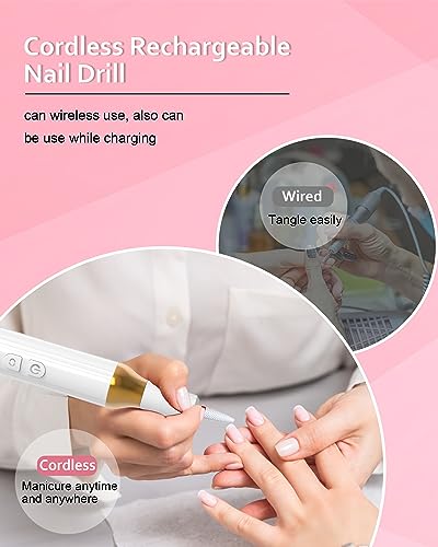 Nail Drill, Cordless Electric Nail Files for Gel Nails Efile Manicure Kit for Women Rechargeable Wireless Drill para Uñas Profesional Nail Drill Machine Nail Grinder for Acrylic Gel Nails White