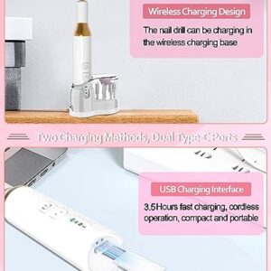 Nail Drill, Cordless Electric Nail Files for Gel Nails Efile Manicure Kit for Women Rechargeable Wireless Drill para Uñas Profesional Nail Drill Machine Nail Grinder for Acrylic Gel Nails White