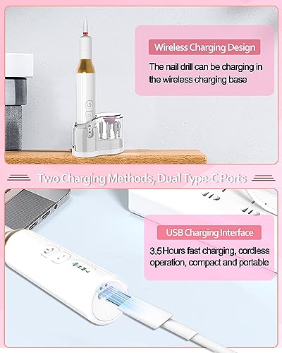 Nail Drill, Cordless Electric Nail Files for Gel Nails Efile Manicure Kit for Women Rechargeable Wireless Drill para Uñas Profesional Nail Drill Machine Nail Grinder for Acrylic Gel Nails White