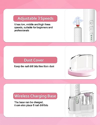 Nail Drill, Cordless Electric Nail Files for Gel Nails Efile Manicure Kit for Women Rechargeable Wireless Drill para Uñas Profesional Nail Drill Machine Nail Grinder for Acrylic Gel Nails White