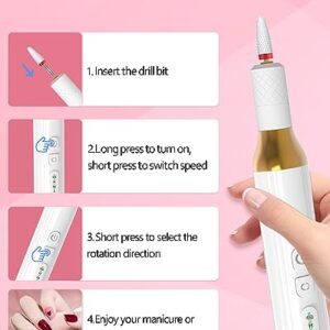 Nail Drill, Cordless Electric Nail Files for Gel Nails Efile Manicure Kit for Women Rechargeable Wireless Drill para Uñas Profesional Nail Drill Machine Nail Grinder for Acrylic Gel Nails White