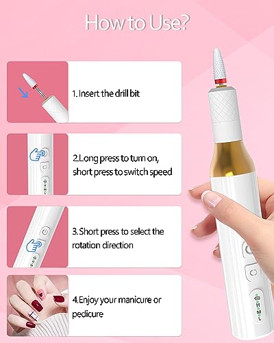 Nail Drill, Cordless Electric Nail Files for Gel Nails Efile Manicure Kit for Women Rechargeable Wireless Drill para Uñas Profesional Nail Drill Machine Nail Grinder for Acrylic Gel Nails White