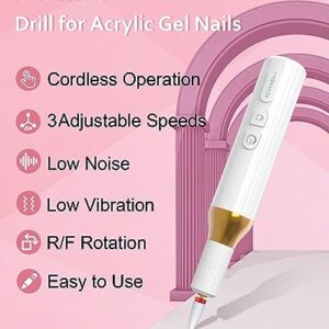 Nail Drill, Cordless Electric Nail Files for Gel Nails Efile Manicure Kit for Women Rechargeable Wireless Drill para Uñas Profesional Nail Drill Machine Nail Grinder for Acrylic Gel Nails White