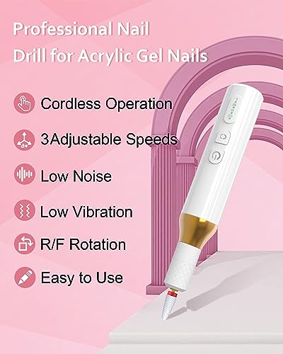 Nail Drill, Cordless Electric Nail Files for Gel Nails Efile Manicure Kit for Women Rechargeable Wireless Drill para Uñas Profesional Nail Drill Machine Nail Grinder for Acrylic Gel Nails White