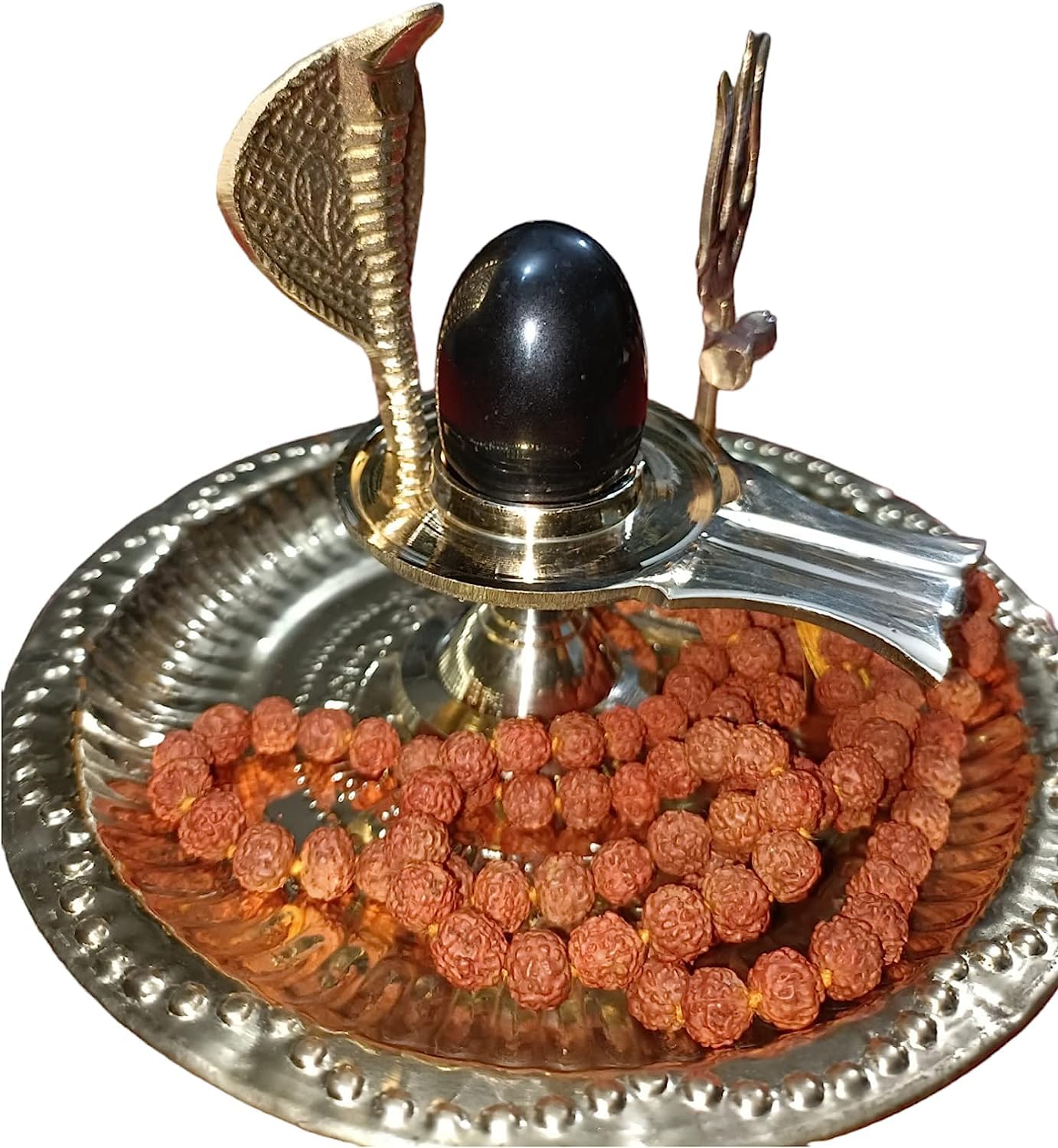 Shaligram Shiva Ling Lingam Shivling Naaga Brass Stand(Thali tirshul 3inch) Shiv Plate Rudraksha mala 108 Stone 6mm