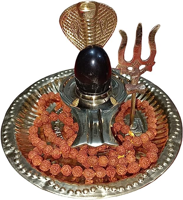 Shaligram Shiva Ling Lingam Shivling Naaga Brass Stand(Thali tirshul 3inch) Shiv Plate Rudraksha mala 108 Stone 6mm