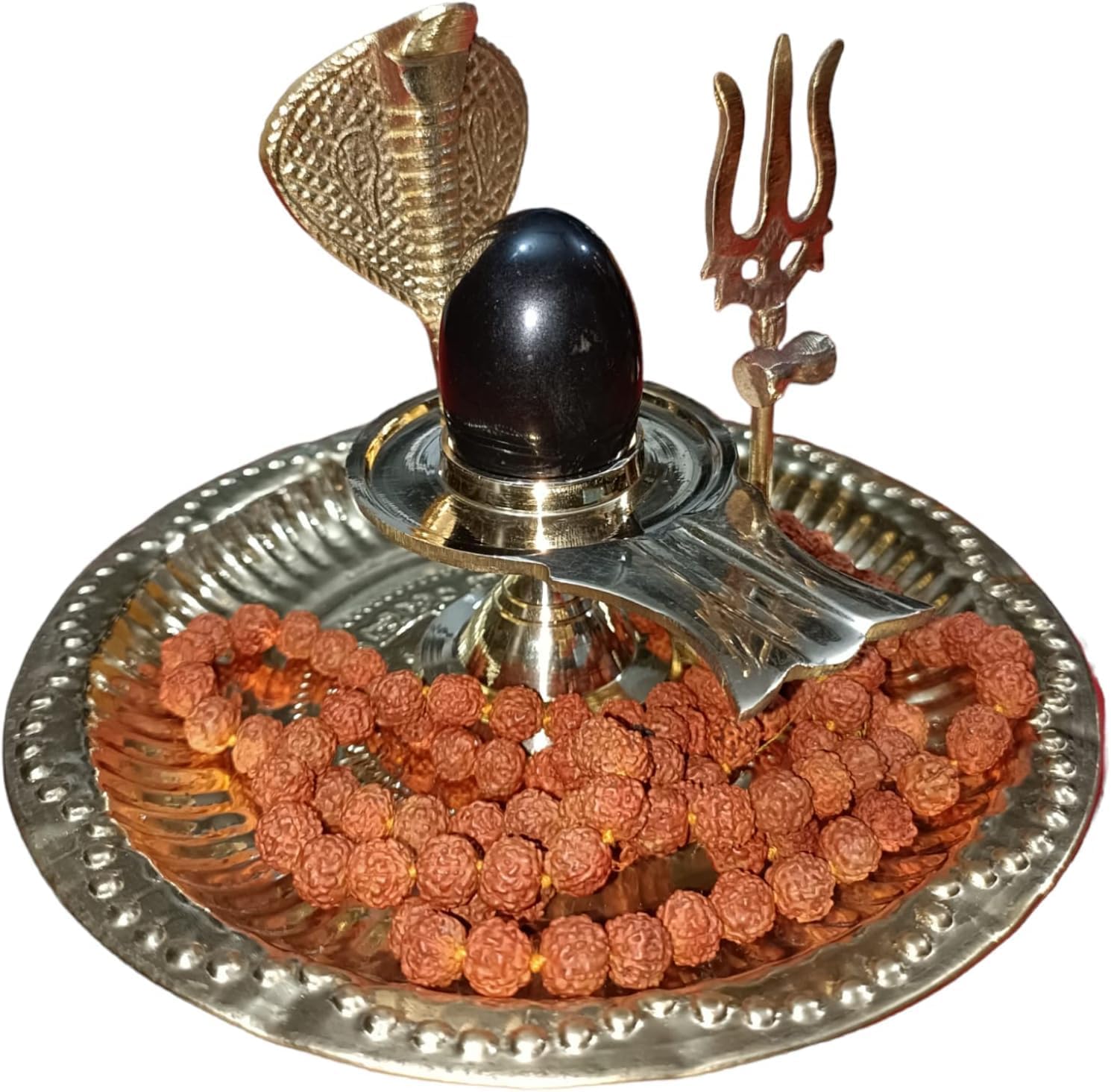 Shaligram Shiva Ling Lingam Shivling Naaga Brass Stand(Thali tirshul 3inch) Shiv Plate Rudraksha mala 108 Stone 6mm