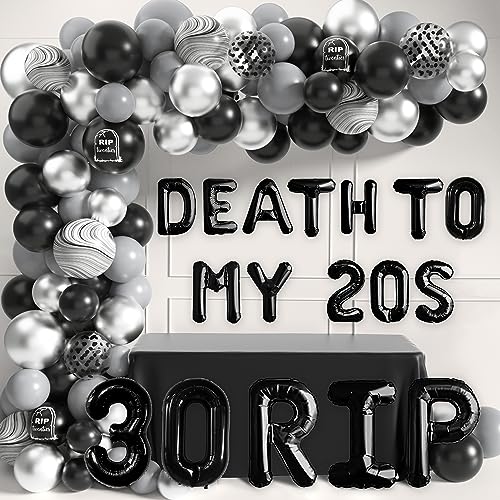 Death to My 20s Balloon Garland Arch 30th Birthday Party Decoration 122Pcs, Rip to My 20s Birthday Decoration with 30 RIP Foil and Latex Balloon Funeral for My Youth Party Supplies (30th-01)