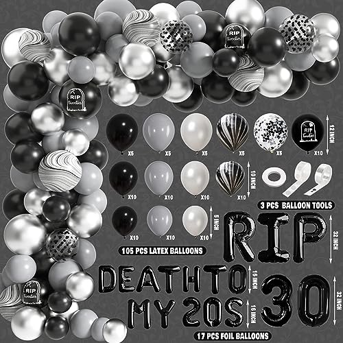 Death to My 20s Balloon Garland Arch 30th Birthday Party Decoration 122Pcs, Rip to My 20s Birthday Decoration with 30 RIP Foil and Latex Balloon Funeral for My Youth Party Supplies (30th-01)