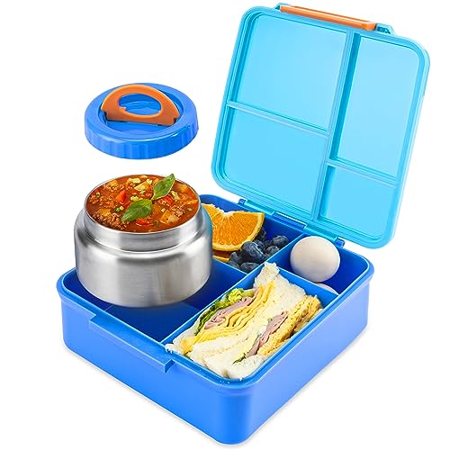 Bento Lunch Box for Kids With 8oz Soup Thermos,Leak-proof Lunch Containers with 4 Compartment,Thermos Food Jar, Food Containers for School(Blue)