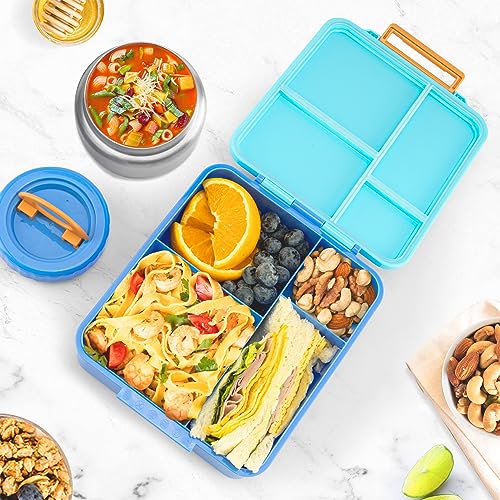 Bento Lunch Box for Kids With 8oz Soup Thermos,Leak-proof Lunch Containers with 4 Compartment,Thermos Food Jar, Food Containers for School(Blue)