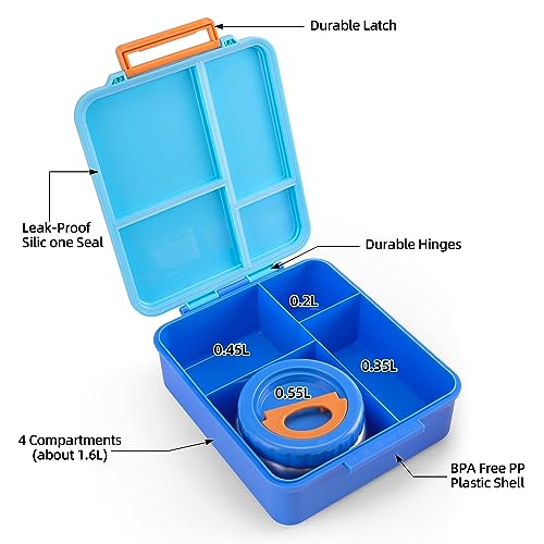 Bento Lunch Box for Kids With 8oz Soup Thermos,Leak-proof Lunch Containers with 4 Compartment,Thermos Food Jar, Food Containers for School(Blue)