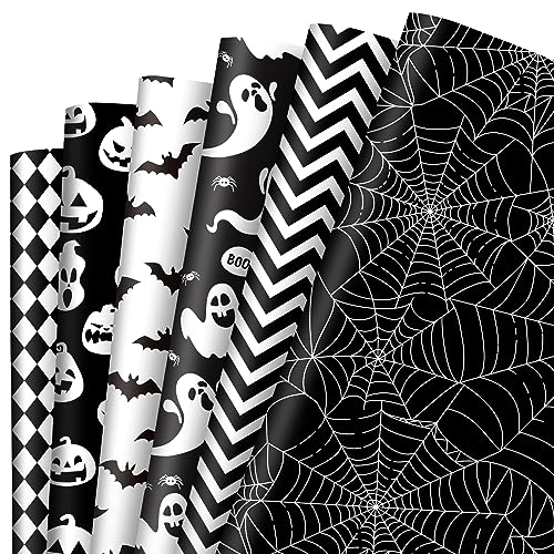 AnyDesign 12 Sheet Halloween Wrapping Paper Black White Ghost Pumpkin Cobweb Packaging Paper Folded Flat DIY Art Craft Paper for Halloween Birthday Party Baby Shower Birthday Wrap, 19.7 x 27.6 Inch