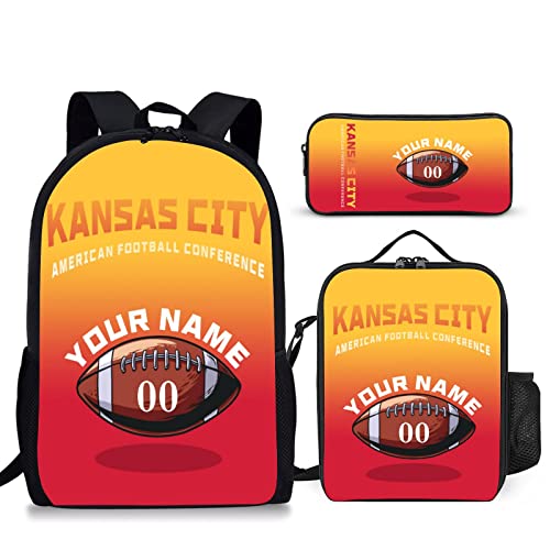 Quzeoxb Personalized Kansas City Backpack Set with Name and Number - 3 Piece School Bag, Lunch Box and Pencil Case for Boys Girls Gifts