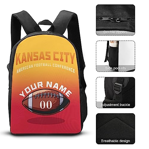 Quzeoxb Personalized Kansas City Backpack Set with Name and Number - 3 Piece School Bag, Lunch Box and Pencil Case for Boys Girls Gifts