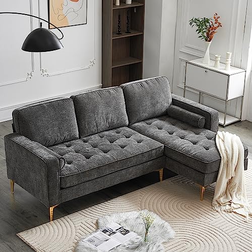 Imseigo 85”W Sectional Sofa Couch, L Shaped Couch with Reversible Chaise, Mid Century Modern 3-seat Sofa Chenille Couches for Living Room, Apartment, Office and Small Space (Dark Grey)