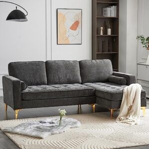 Imseigo 85”W Sectional Sofa Couch, L Shaped Couch with Reversible Chaise, Mid Century Modern 3-seat Sofa Chenille Couches for Living Room, Apartment, Office and Small Space (Dark Grey)