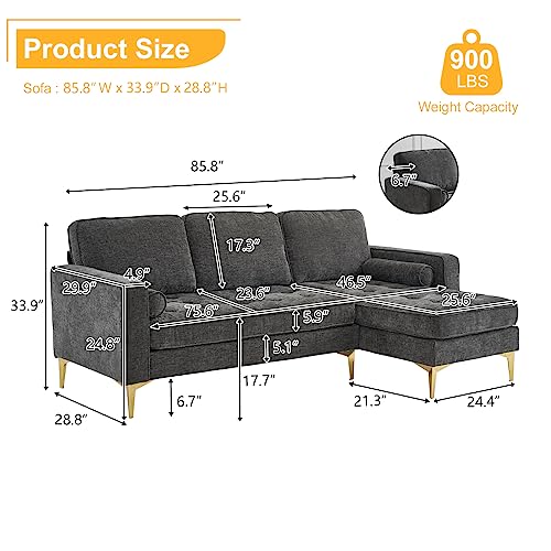 Imseigo 85”W Sectional Sofa Couch, L Shaped Couch with Reversible Chaise, Mid Century Modern 3-seat Sofa Chenille Couches for Living Room, Apartment, Office and Small Space (Dark Grey)