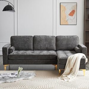 Imseigo 85”W Sectional Sofa Couch, L Shaped Couch with Reversible Chaise, Mid Century Modern 3-seat Sofa Chenille Couches for Living Room, Apartment, Office and Small Space (Dark Grey)