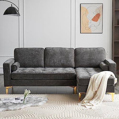 Imseigo 85”W Sectional Sofa Couch, L Shaped Couch with Reversible Chaise, Mid Century Modern 3-seat Sofa Chenille Couches for Living Room, Apartment, Office and Small Space (Dark Grey)