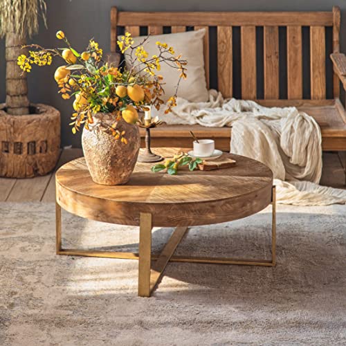 DS-HOMEPORT Round Wood Coffee Table for Living Room, Mid Century Modern Farmhouse Round Coffee Table with Gold Metal Legs, 32.28" D x 32.28" W x 13.19" H