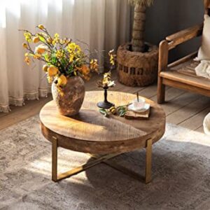 DS-HOMEPORT Round Wood Coffee Table for Living Room, Mid Century Modern Farmhouse Round Coffee Table with Gold Metal Legs, 32.28" D x 32.28" W x 13.19" H