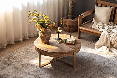 DS-HOMEPORT Round Wood Coffee Table for Living Room, Mid Century Modern Farmhouse Round Coffee Table with Gold Metal Legs, 32.28" D x 32.28" W x 13.19" H